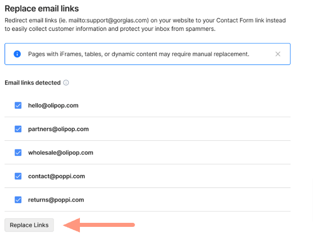 Replace email links with Contact Form