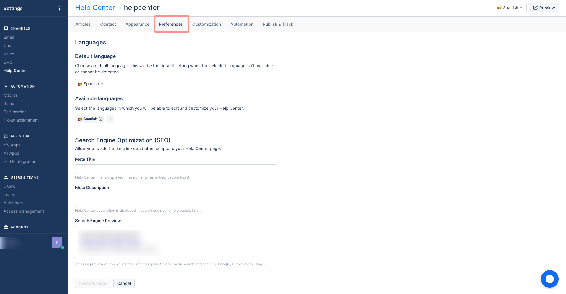 Customize help center preferences